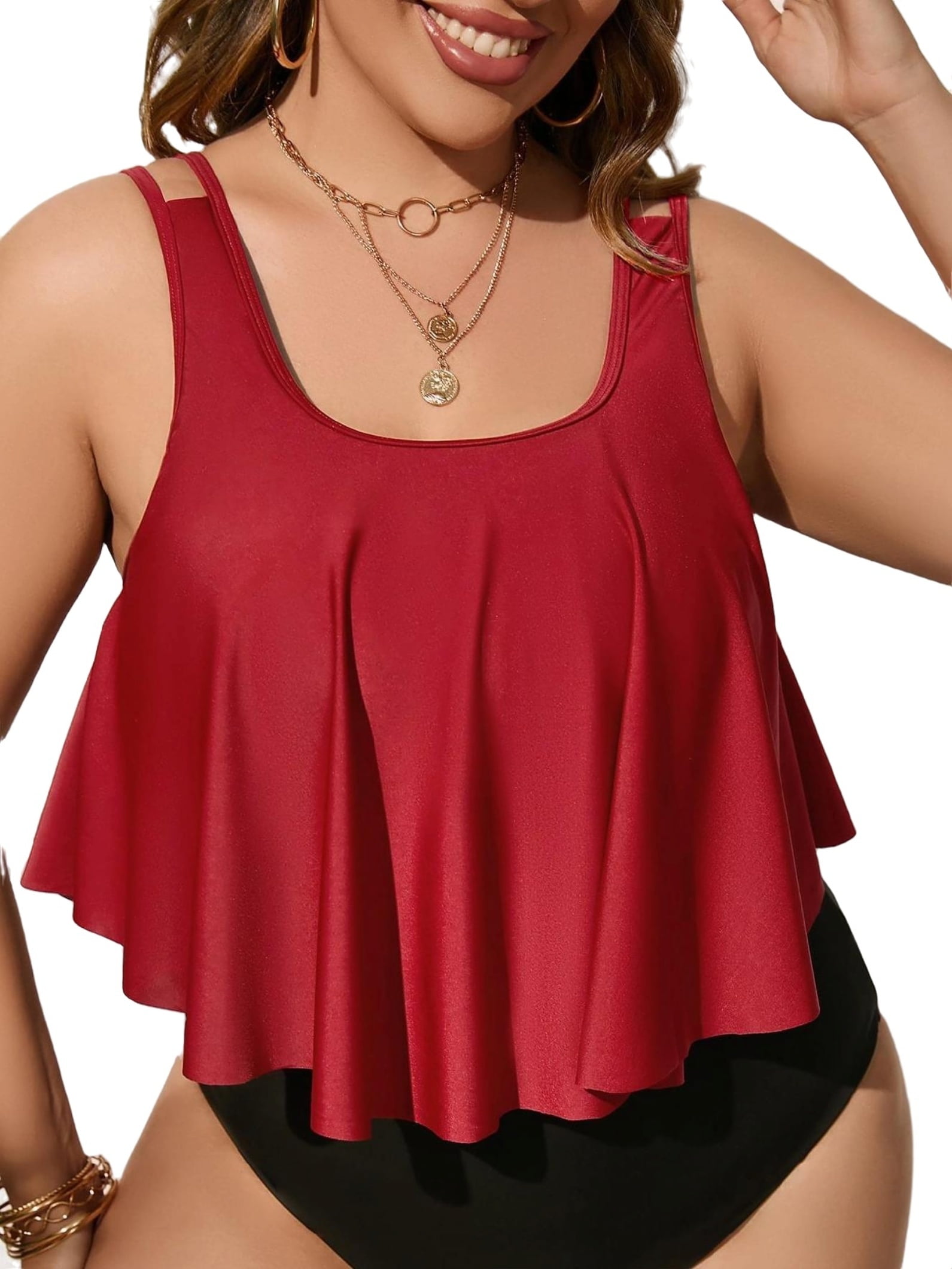 Plain Scoop Neck Burgundy Plus Size Tankinis Womens Plus