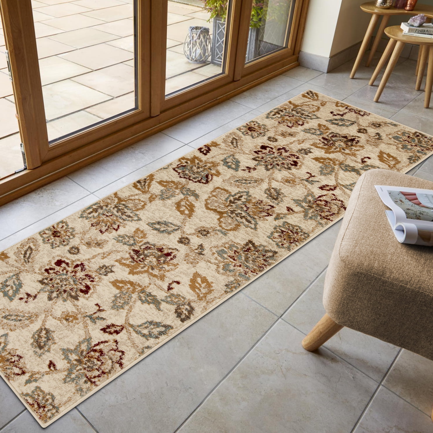 Floral Botanical Jacobean Area Rug or Runner, 2'7" x 8', Stone ...