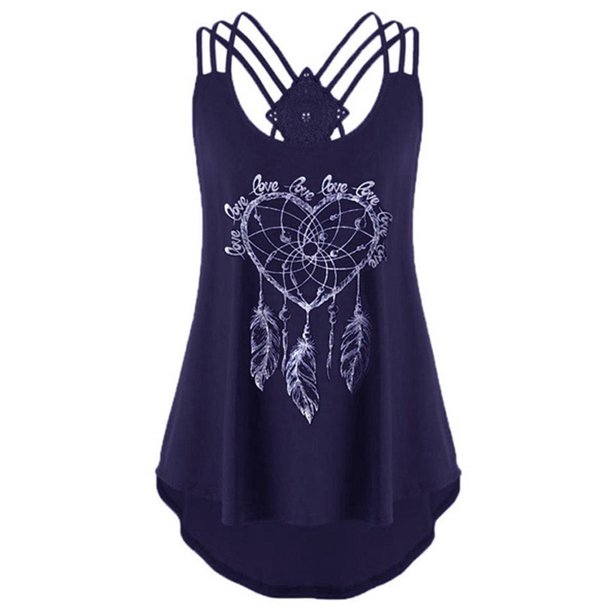 Plus Size Women Summer High Low Sleeveless Vest Tank T Shirt Blouse Floral Print Lace Up Bandage ...