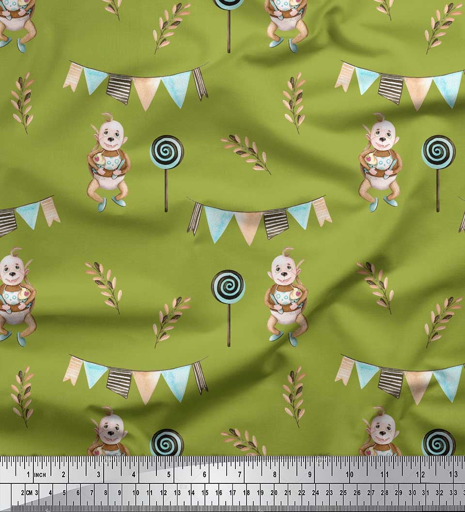 Soimoi Green Rayon Fabric Monkey & Lollipop Party Print Fabric by the ...