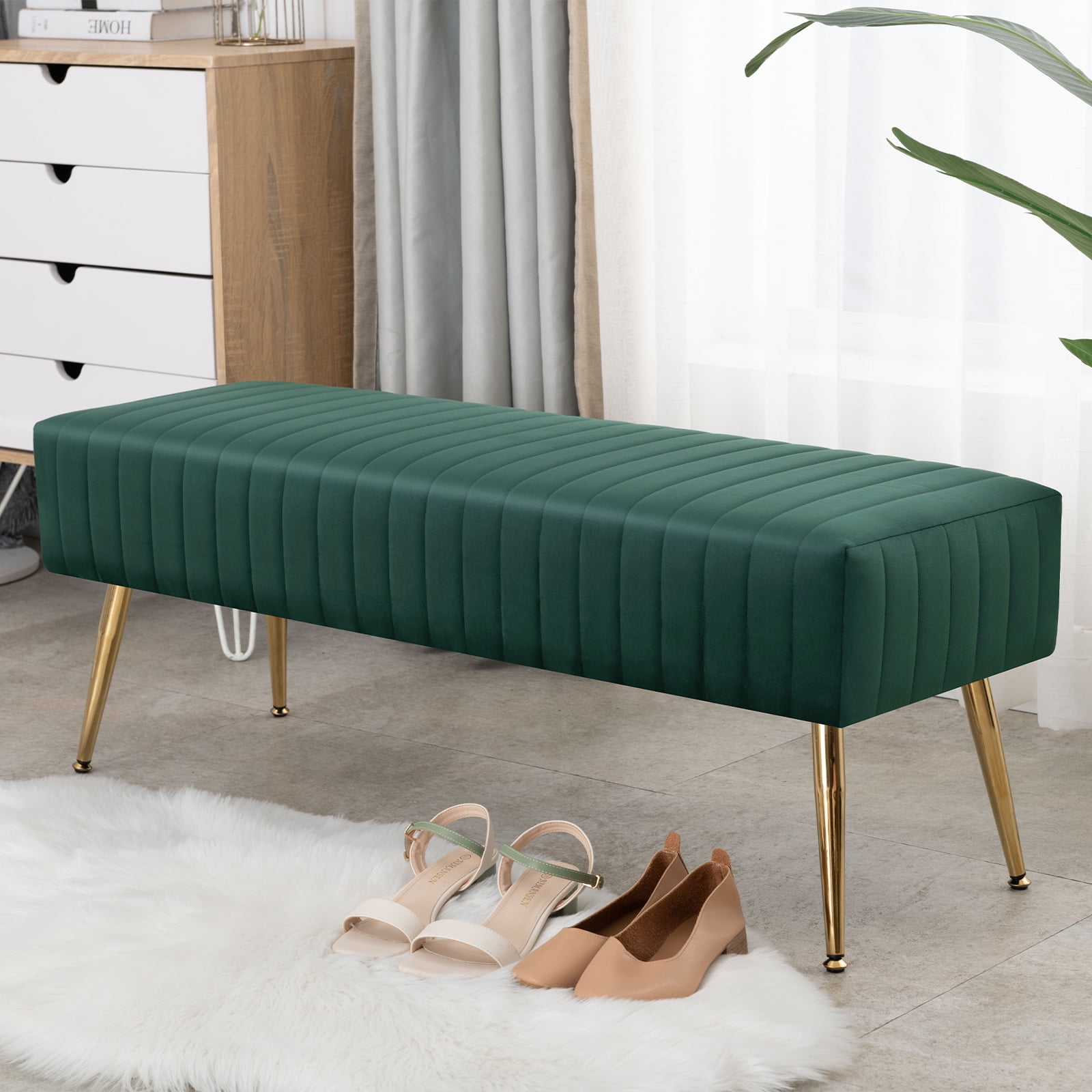 Furniliving Velvet Ottoman Bench Modern Upholstered Bench Indoor ...