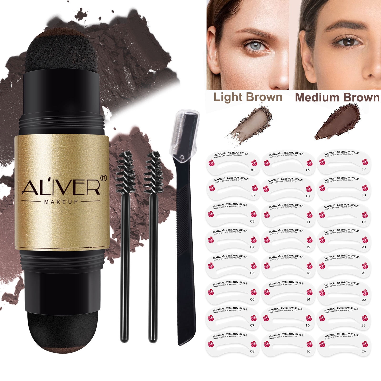 Aliver Eyebrow Stamp Stencil Kit, Light Brown+Medium Brown, Long ...