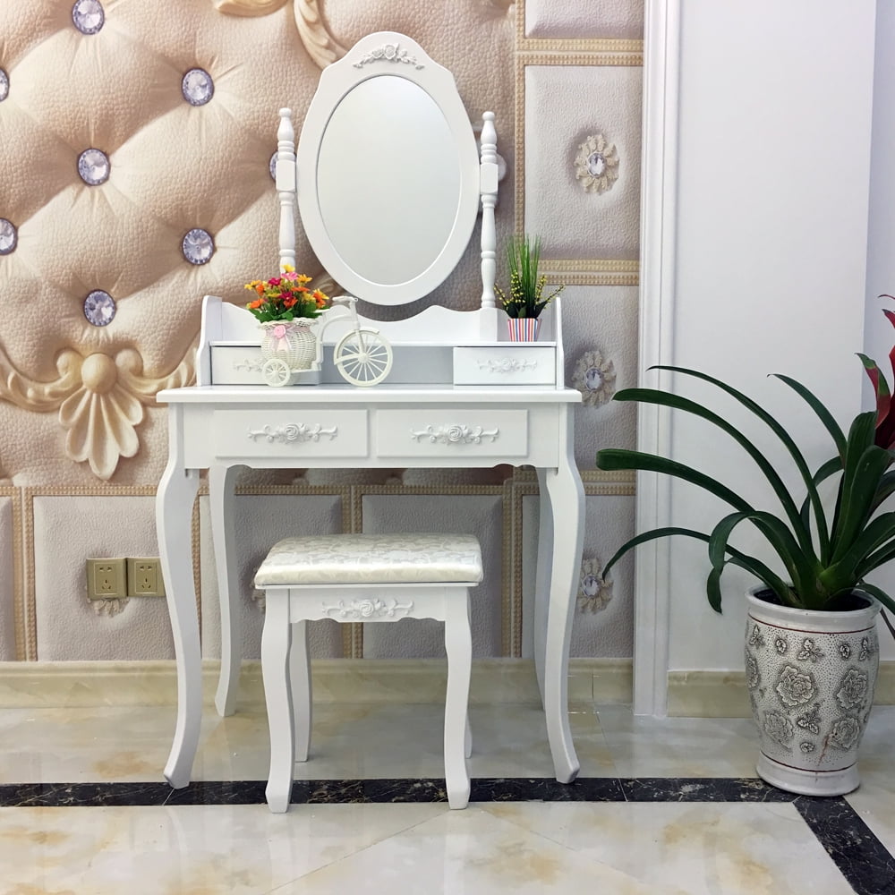 EasingRoom Modern Vanity Table Set w/Stool 4 Drawer &Oval Mirror ...