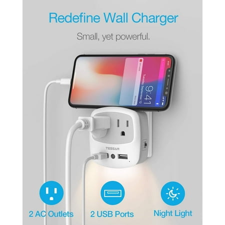 USB Outlet Plug Extender, Plannu Double Power Outlet Expander with USB ...