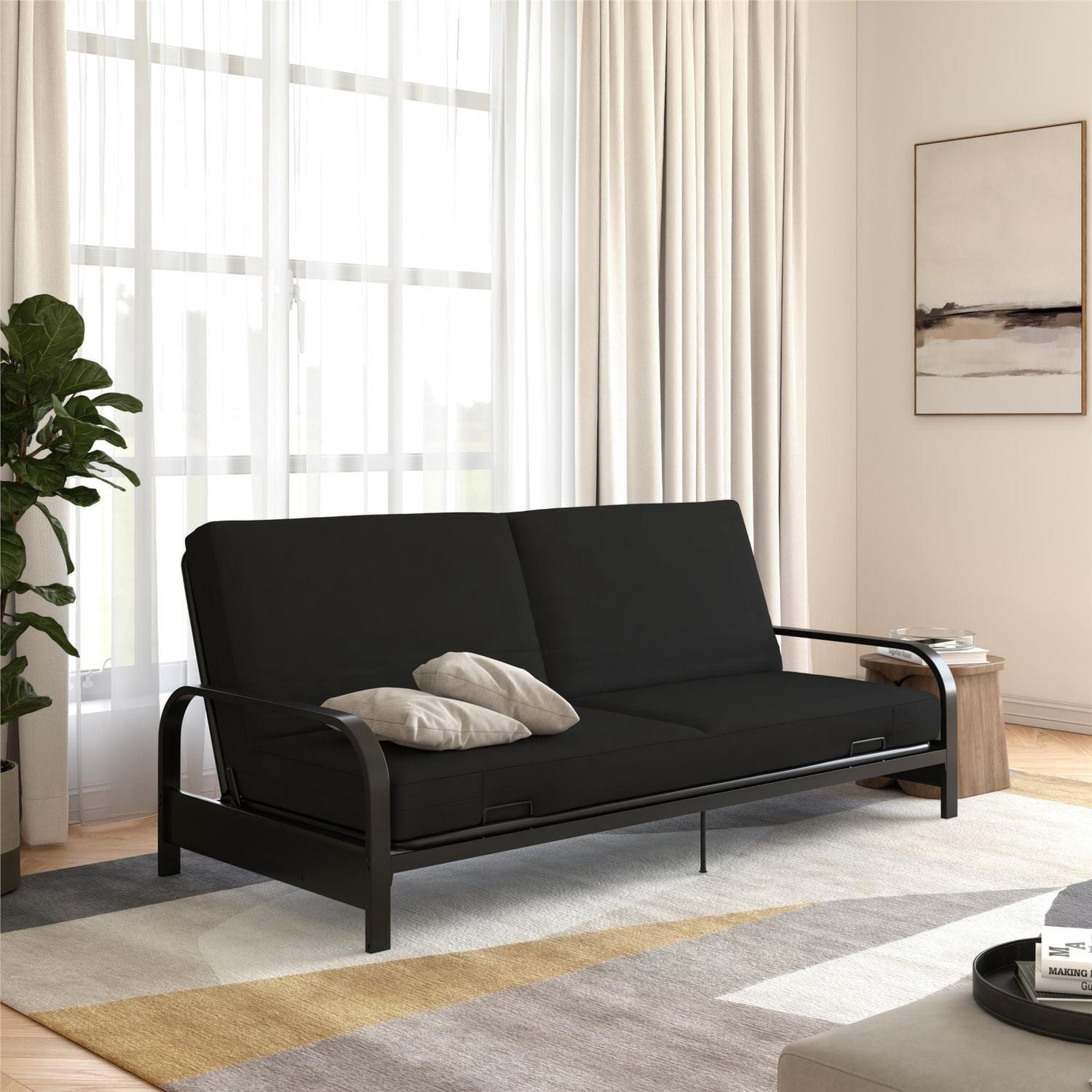 DHP Black Metal Arm Futon Frame with 6-Inch Pocket Coil Futon Mattress ...