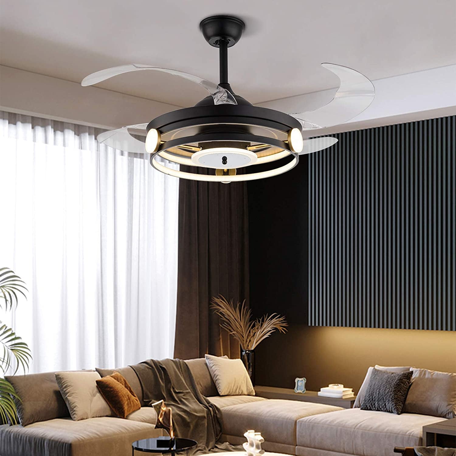 FETCOI 42" Round Ceiling Fan with Lights Dimmable Invisible Retractable ...