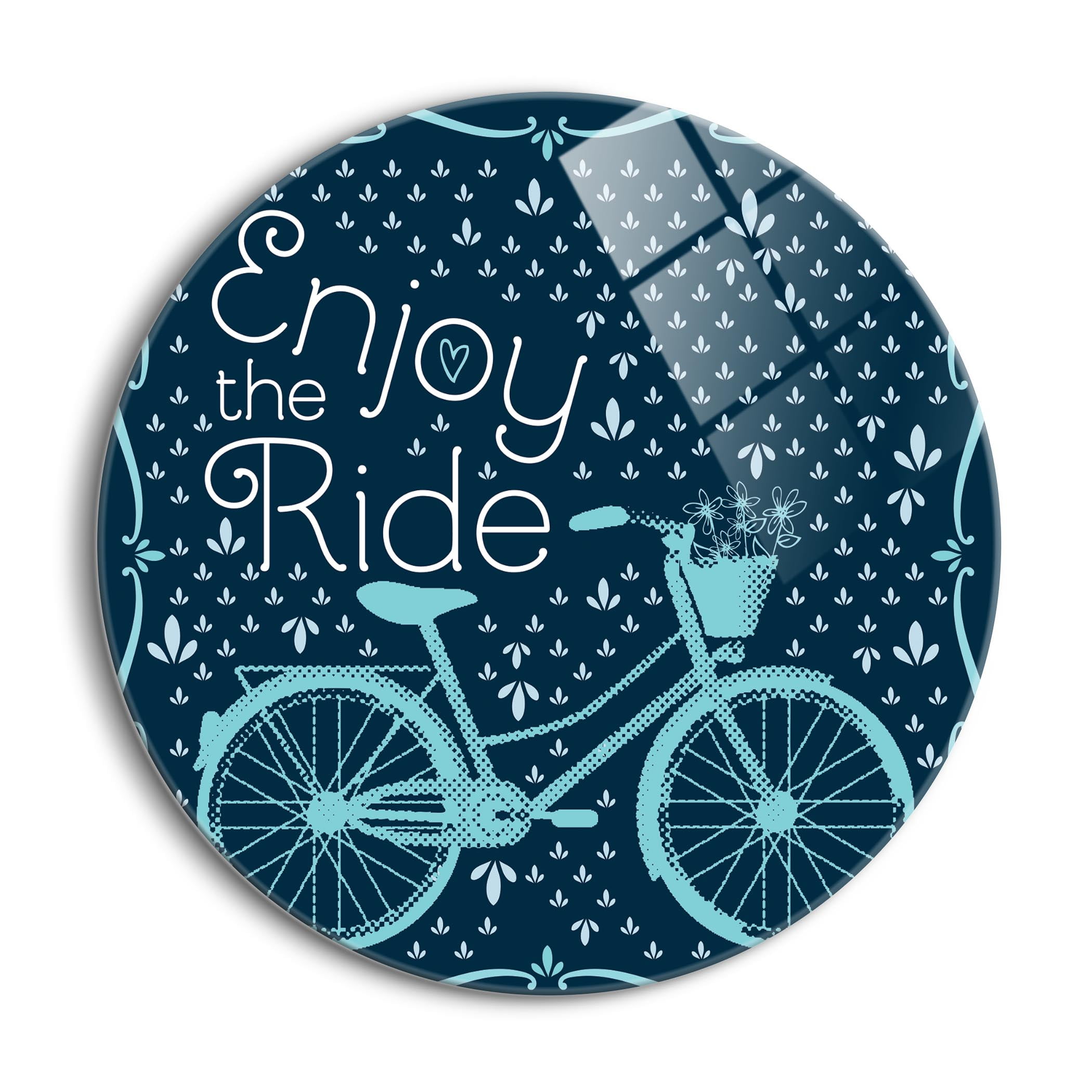 Enjoy The Ride Deep Blue Bicycle 24 inch Glass Round Wall Hanging Sign ...