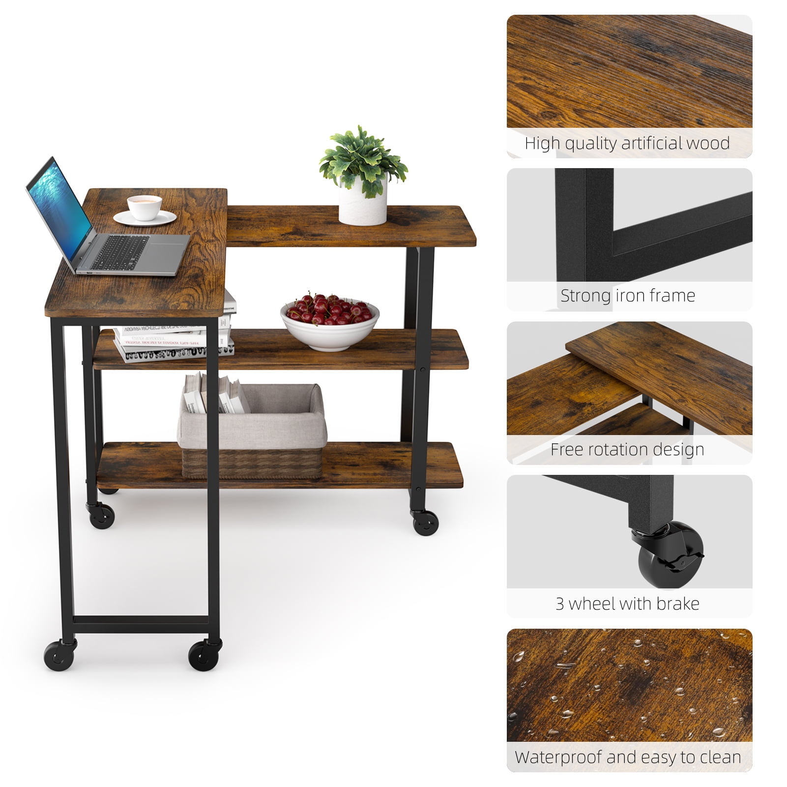 Kojooin Sofa Side Table 360° Rotatable Mobile End Table with 2-Tier ...