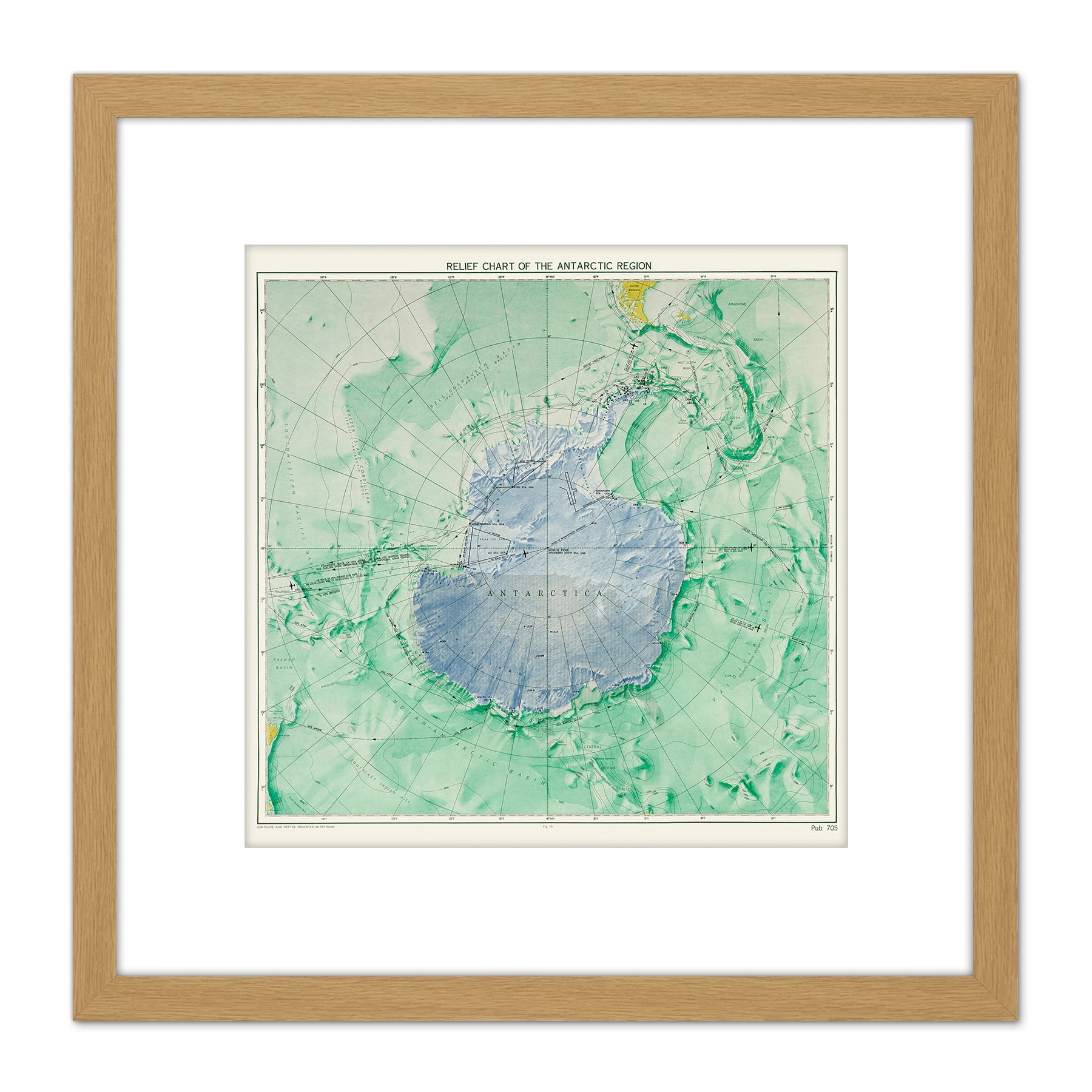 Relief Chart Antarctic Region 8X8 Inch Square Wooden Framed Wall Art ...
