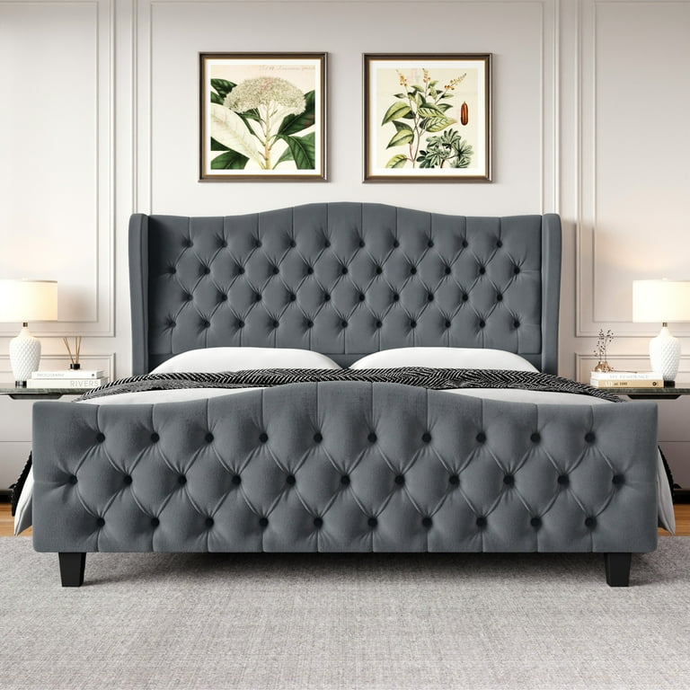 Homfa Full Size Velvet Upholstered Bed 54.3 Tall Tufted Platform with Wingback Headboard Dark Gray Walmart