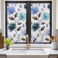Blue Green Flower Window Privacy Film, Watercolor Floral Gray Leaf ...
