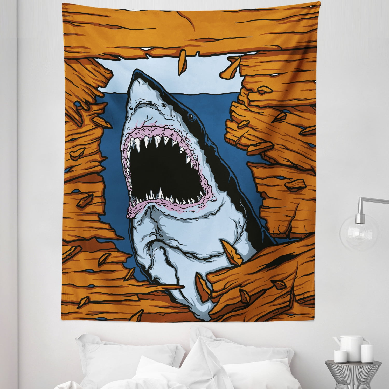 Shark Tapestry, Wild Fish Breaking Wooden Plank Danger Sign Killer ...
