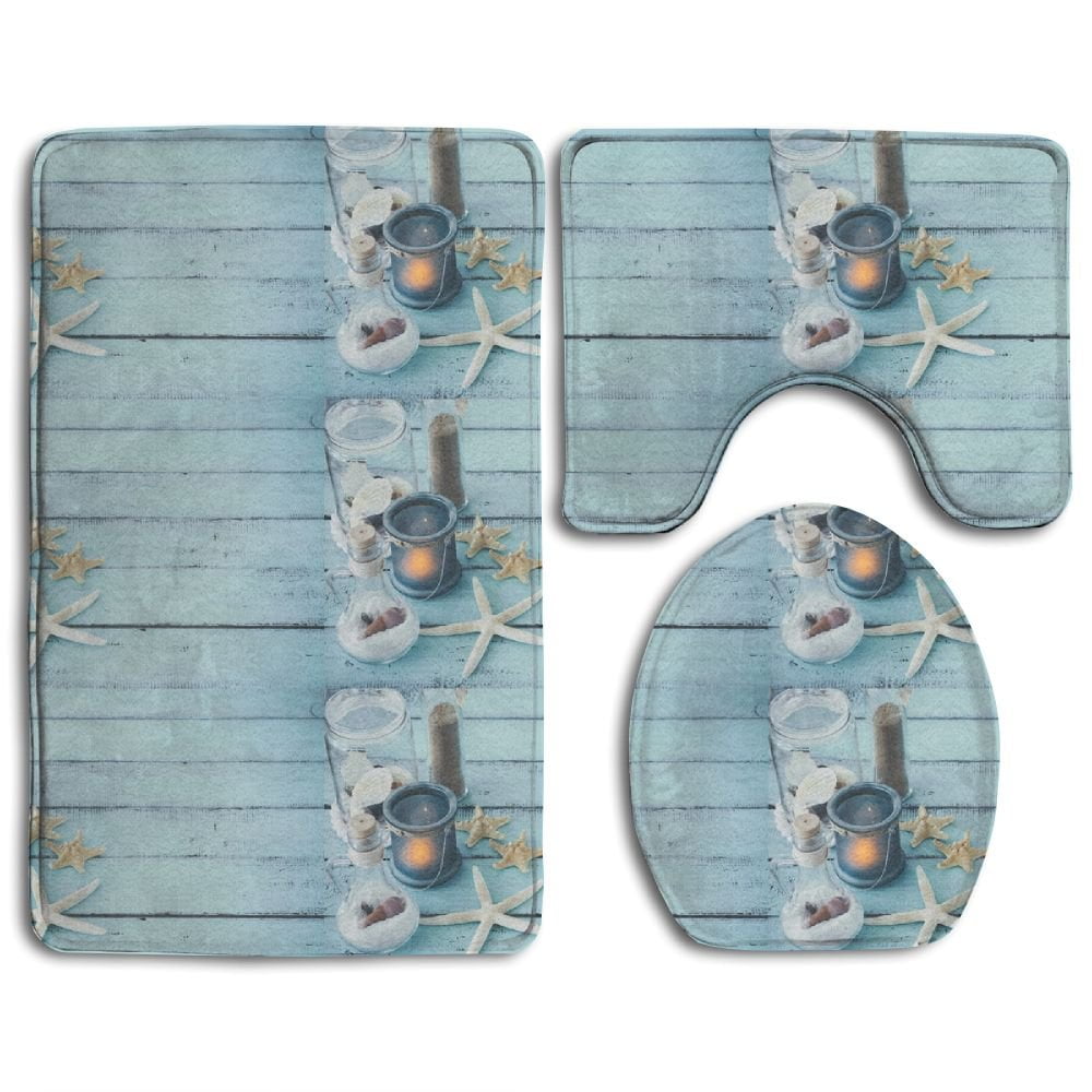 CHAPLLE Seashells Starfish Wood On Beach 3 Piece Bathroom Rugs Set Bath ...