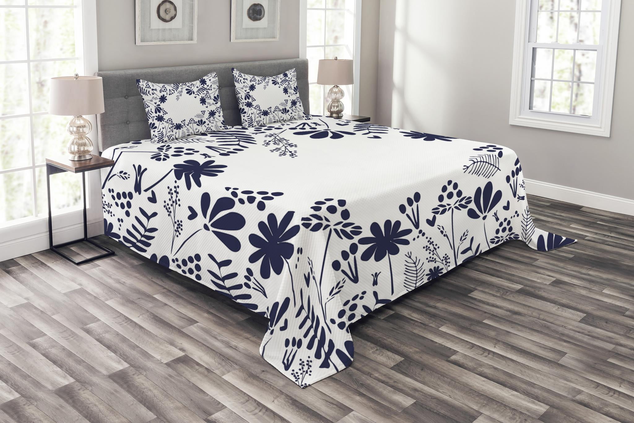 Navy Bedspread Set Queen Size, Botanical Beauty Flower Branches Ferns ...