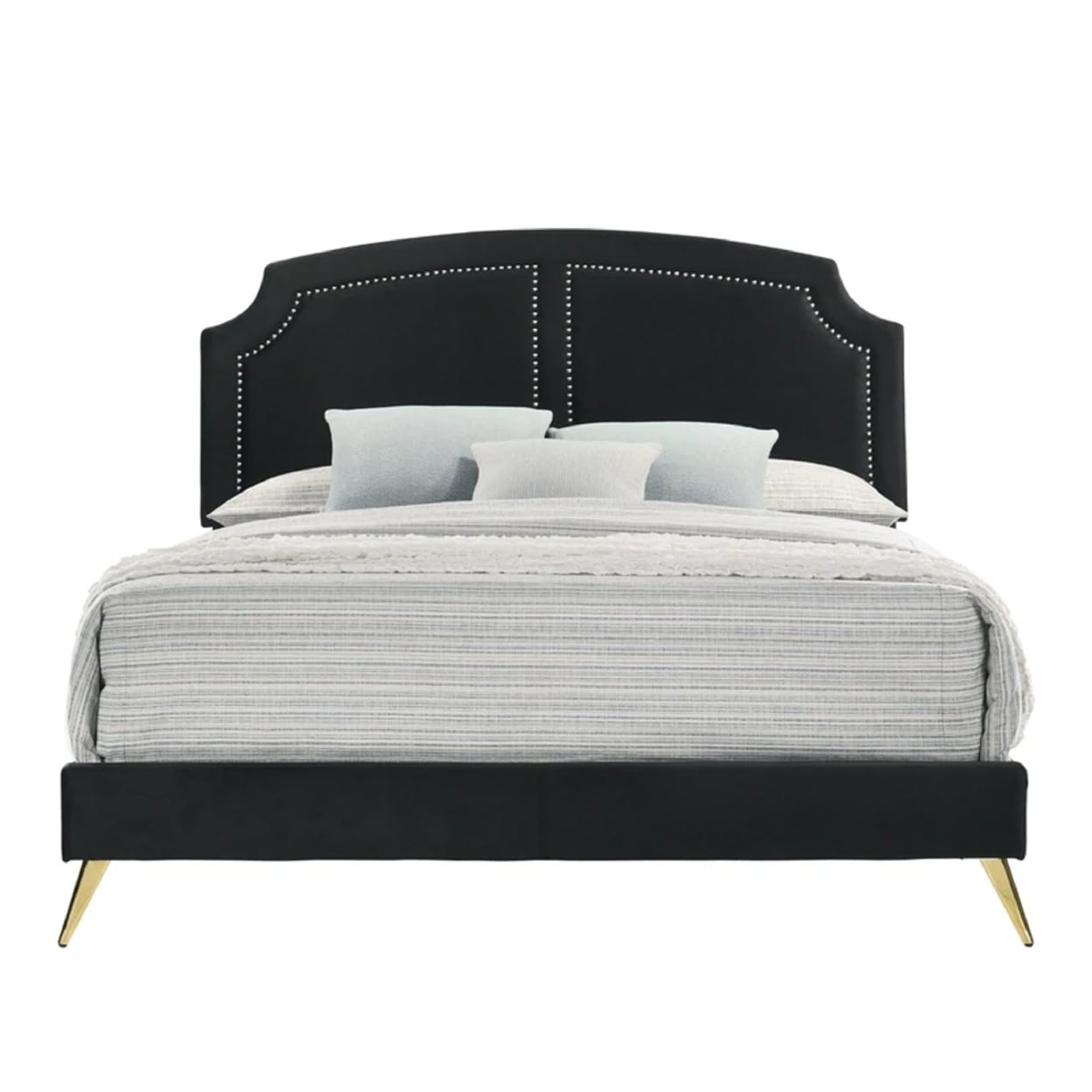 Lily Platform Queen Upholstered Bed, Padded Headboard, Black, Gold ...