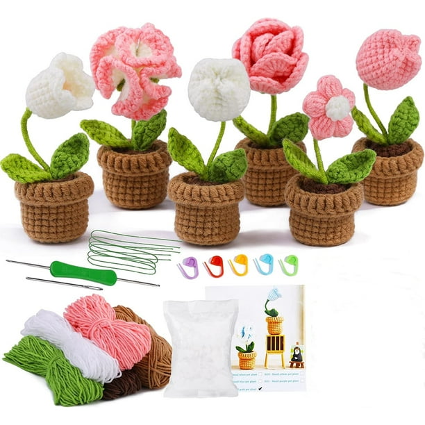 Crochet Kit,6 pcs Potted Flowers Crochet Kit for Beginners and Experts ...