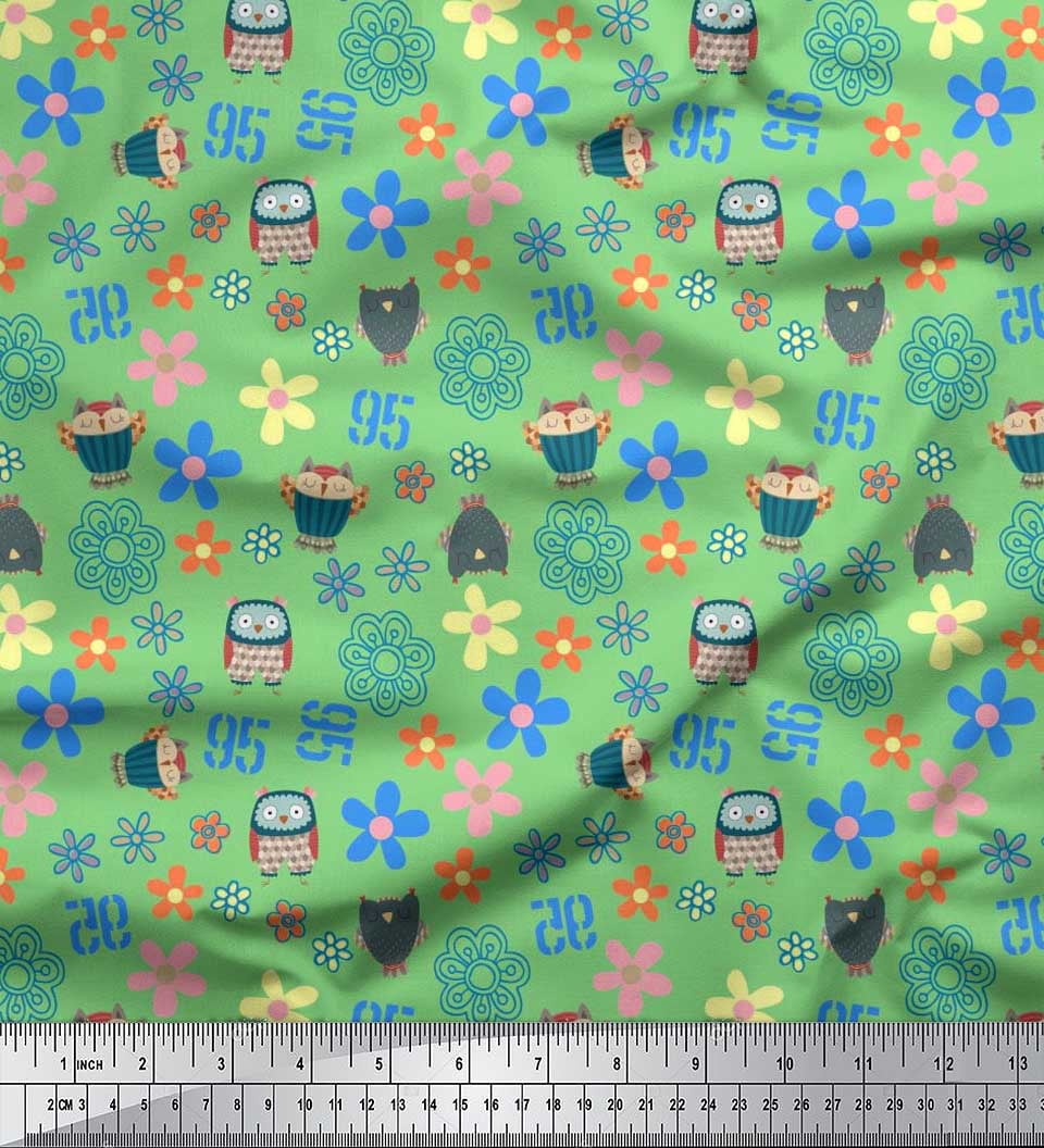 Soimoi Satin Silk Fabric Owl, Numbers & Floral Clip Art Print Fabric by ...