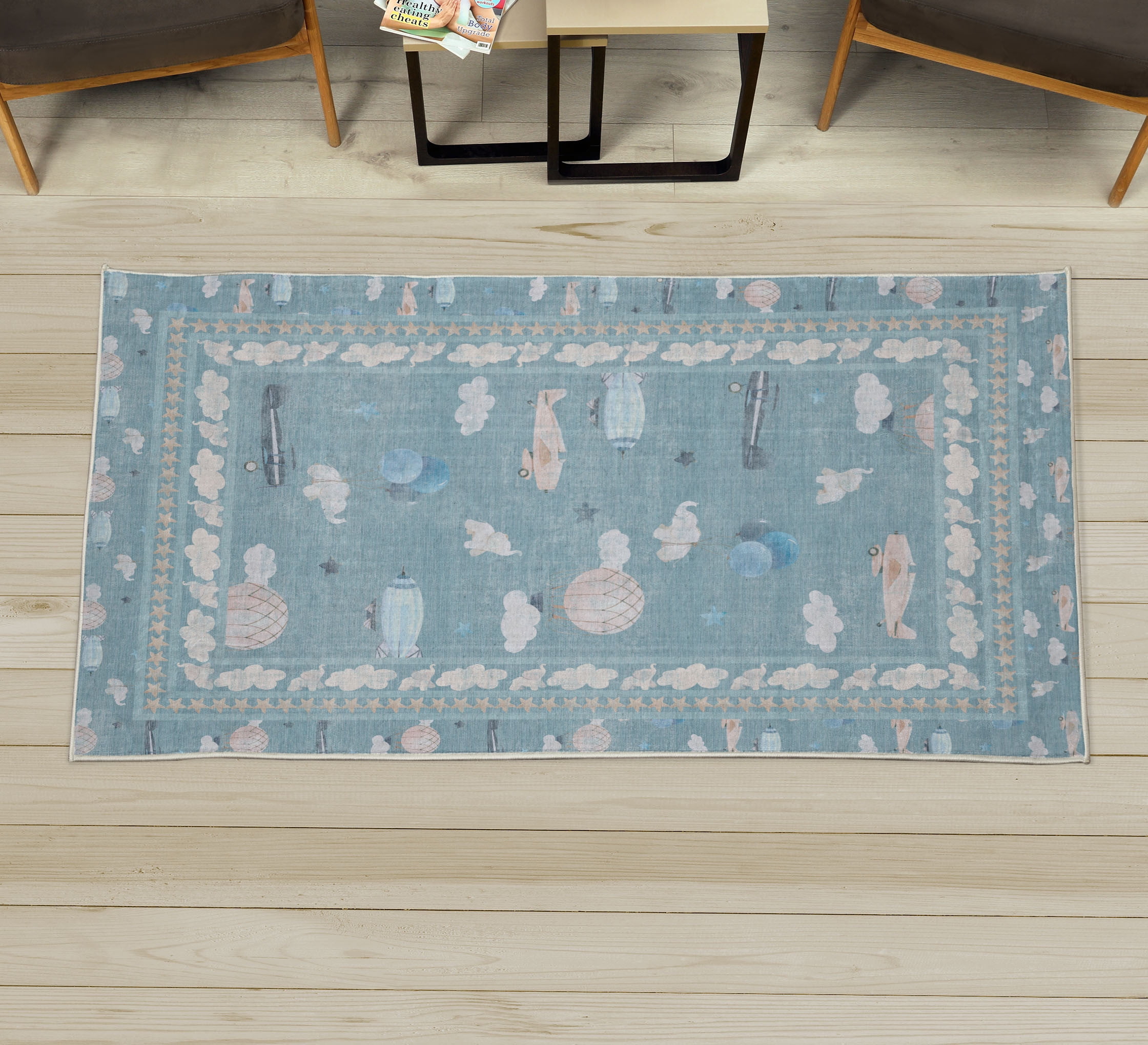 Cartoon Decorative Rug, Vintage Air Planes Hot Air Balloons Flying ...