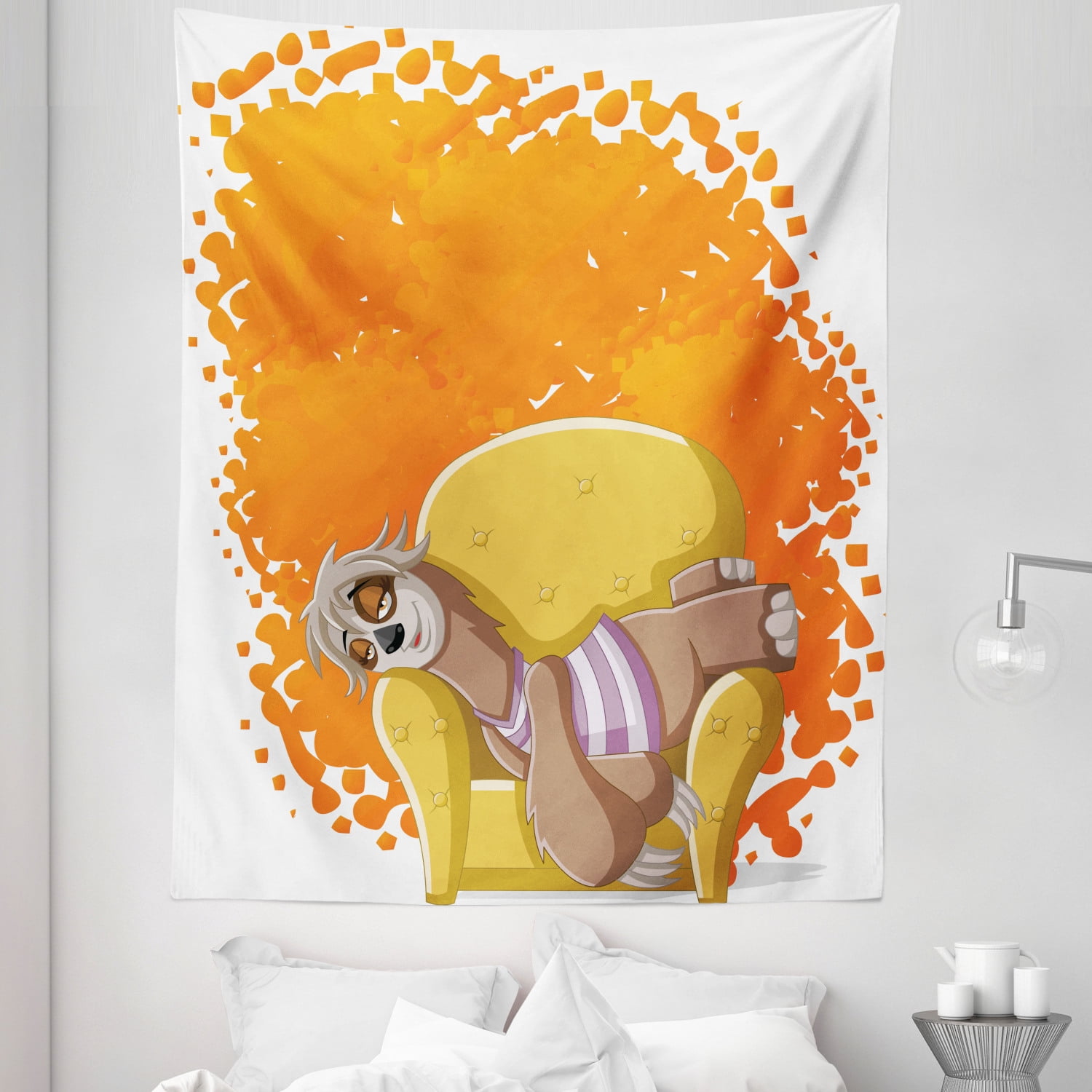Sloth Tapestry, Lazy Female Cartoon Sloth on Sofa Napping on Couch ...