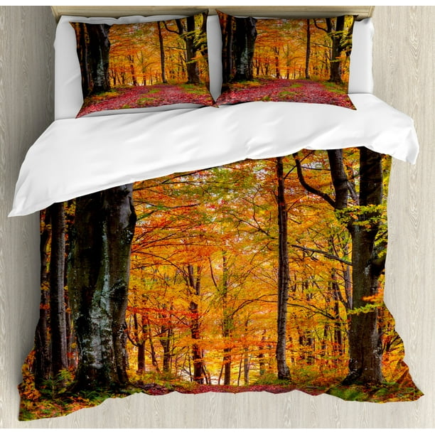 Autumn Duvet Cover Set, Fall Forest with Shady Deciduous Trees and ...