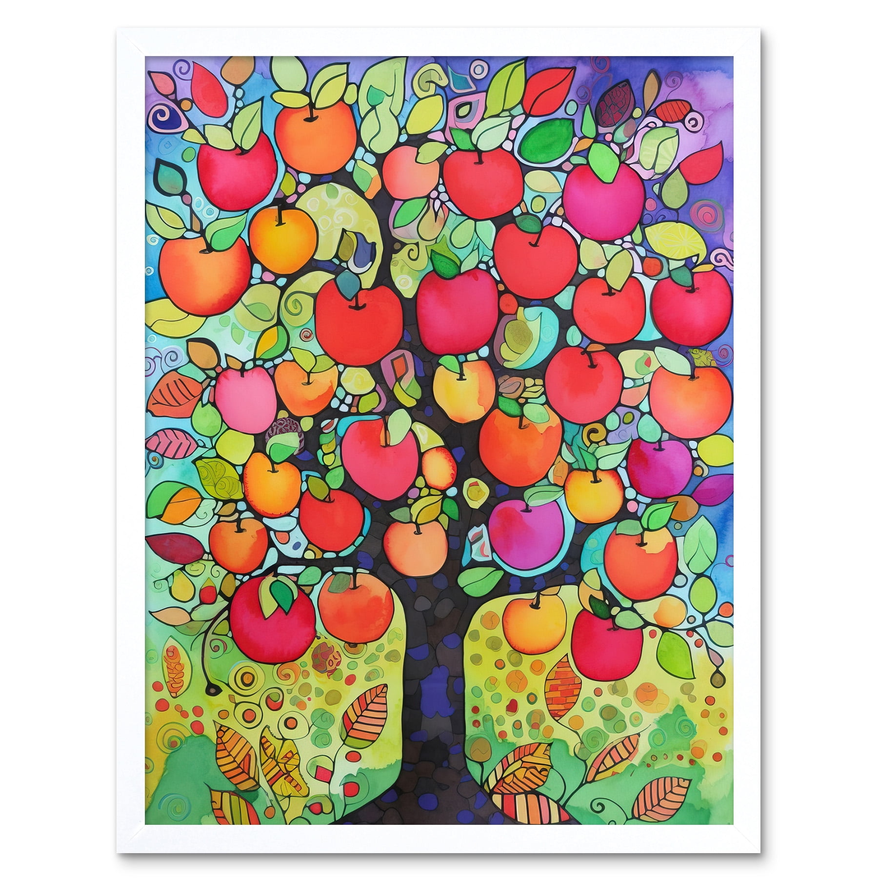 Apple Tree Folk Art Bright Watercolour Painting Art Print Framed Poster ...