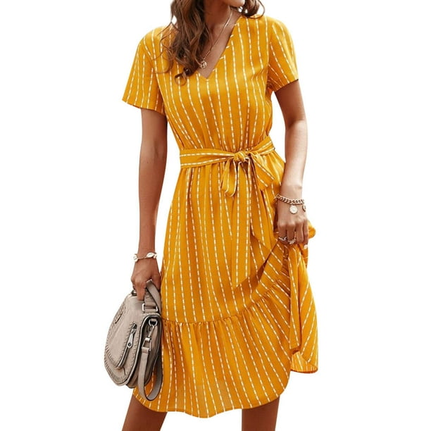 Hubery Women Stripe Print V Neck Short Sleeve Tie Waist Ruching Midi