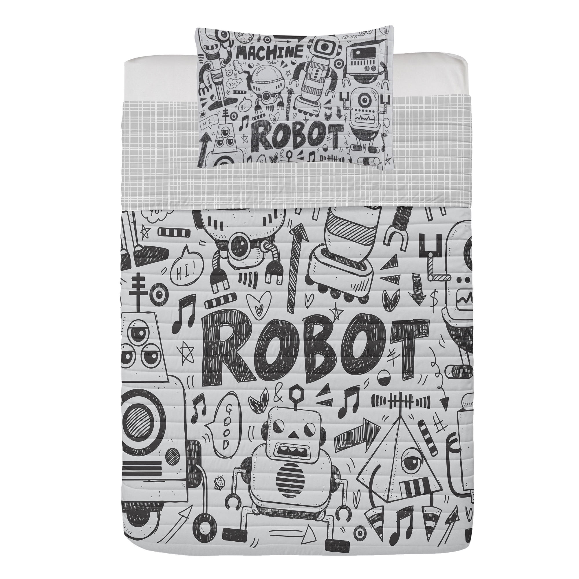 Robot Reversible Bedspread Set, Futuristic Space Doodle Style Androids ...