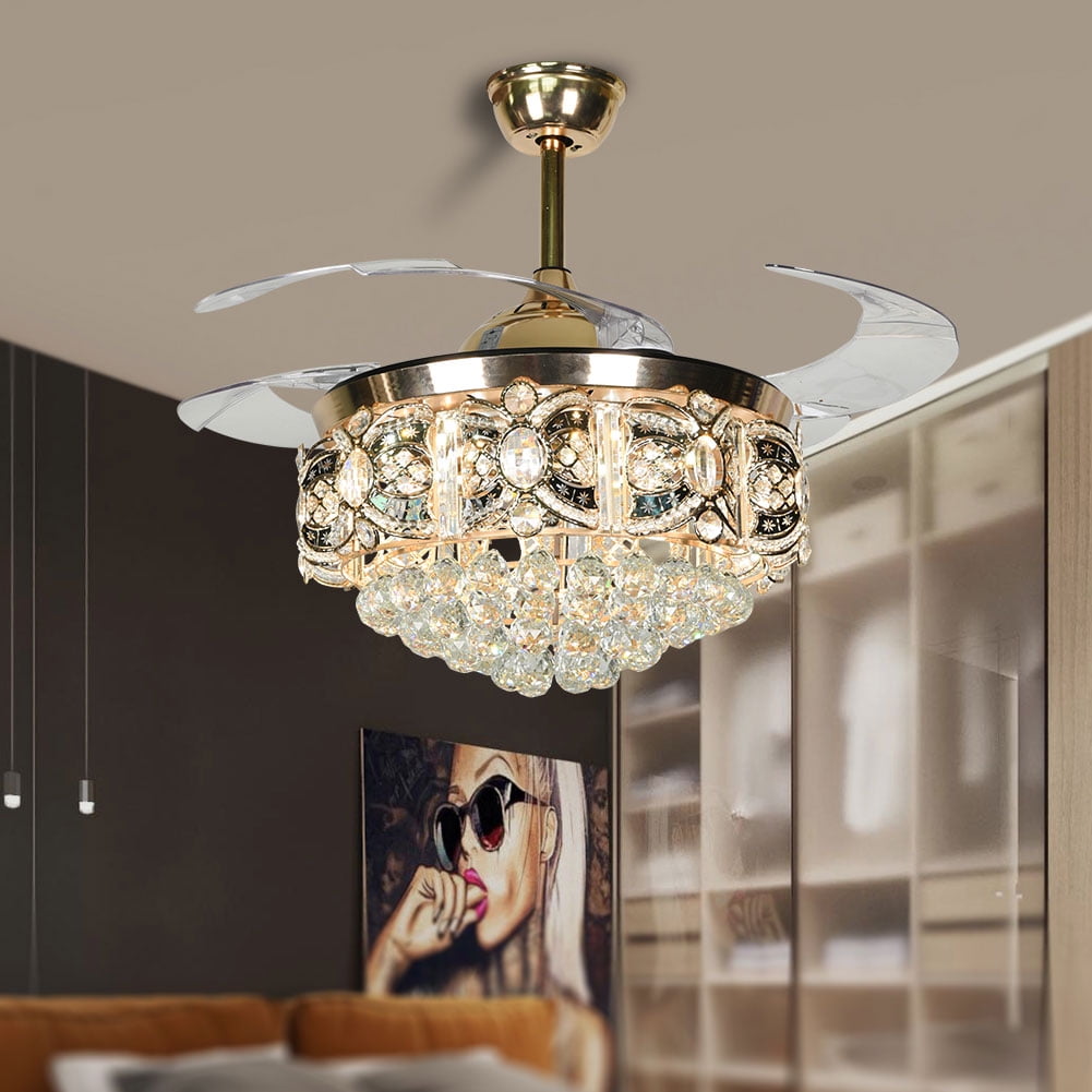 KPIBEST 42" Crystal Fandeliers Gold Finish Chandelier with Fan Remote ...