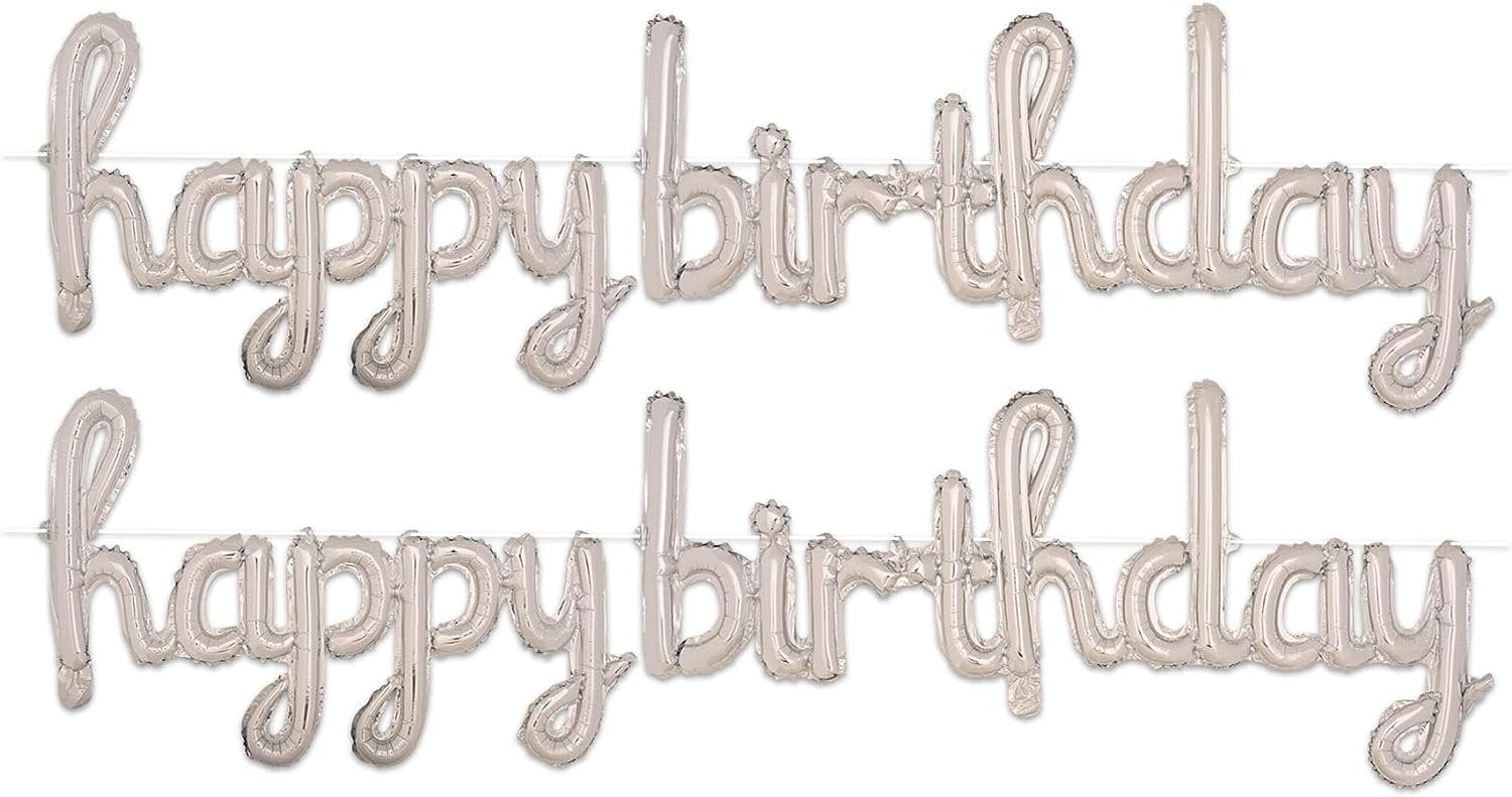 Beistle 2 Piece Mylar Cursive Script Silver Happy Birthday Balloon ...