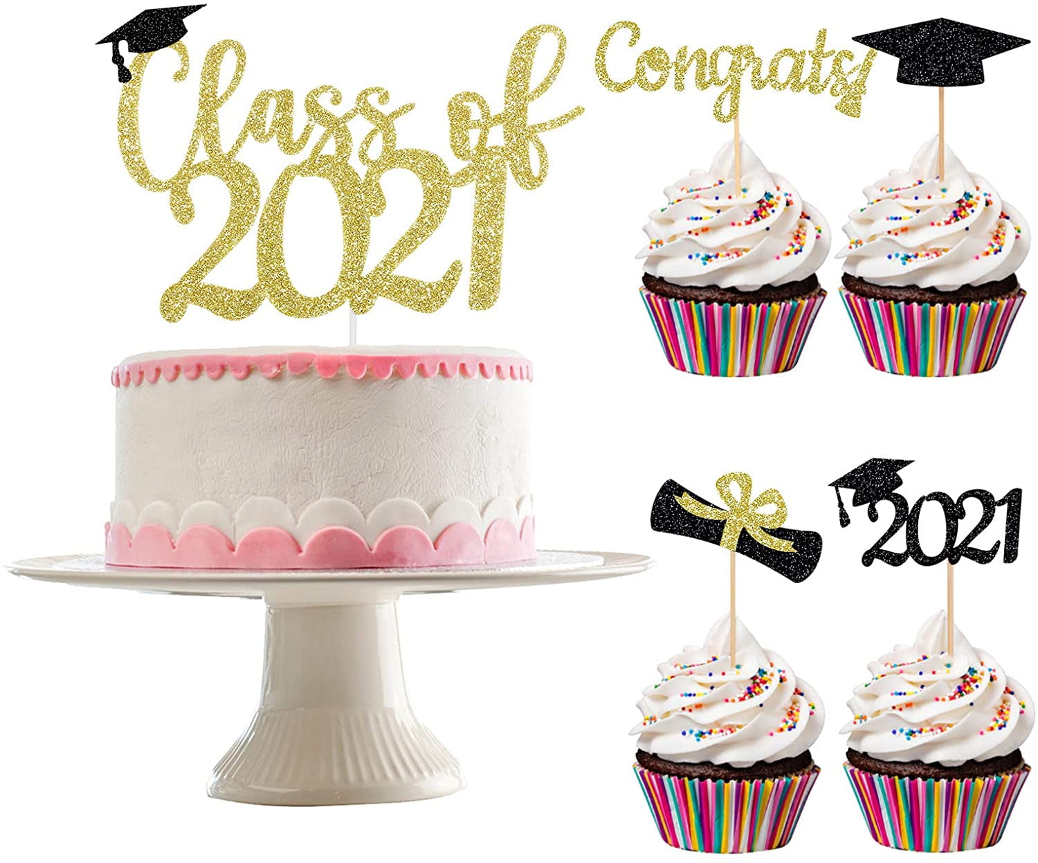 Graduation tions 2021- Class of 2021 Cake Topper Gold Glitter and 24Pcs ...