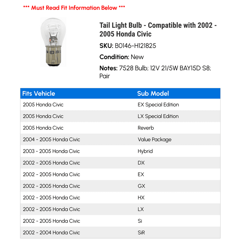 Tail Light Bulb Compatible with 2002 2005 Honda Civic 2003 2004