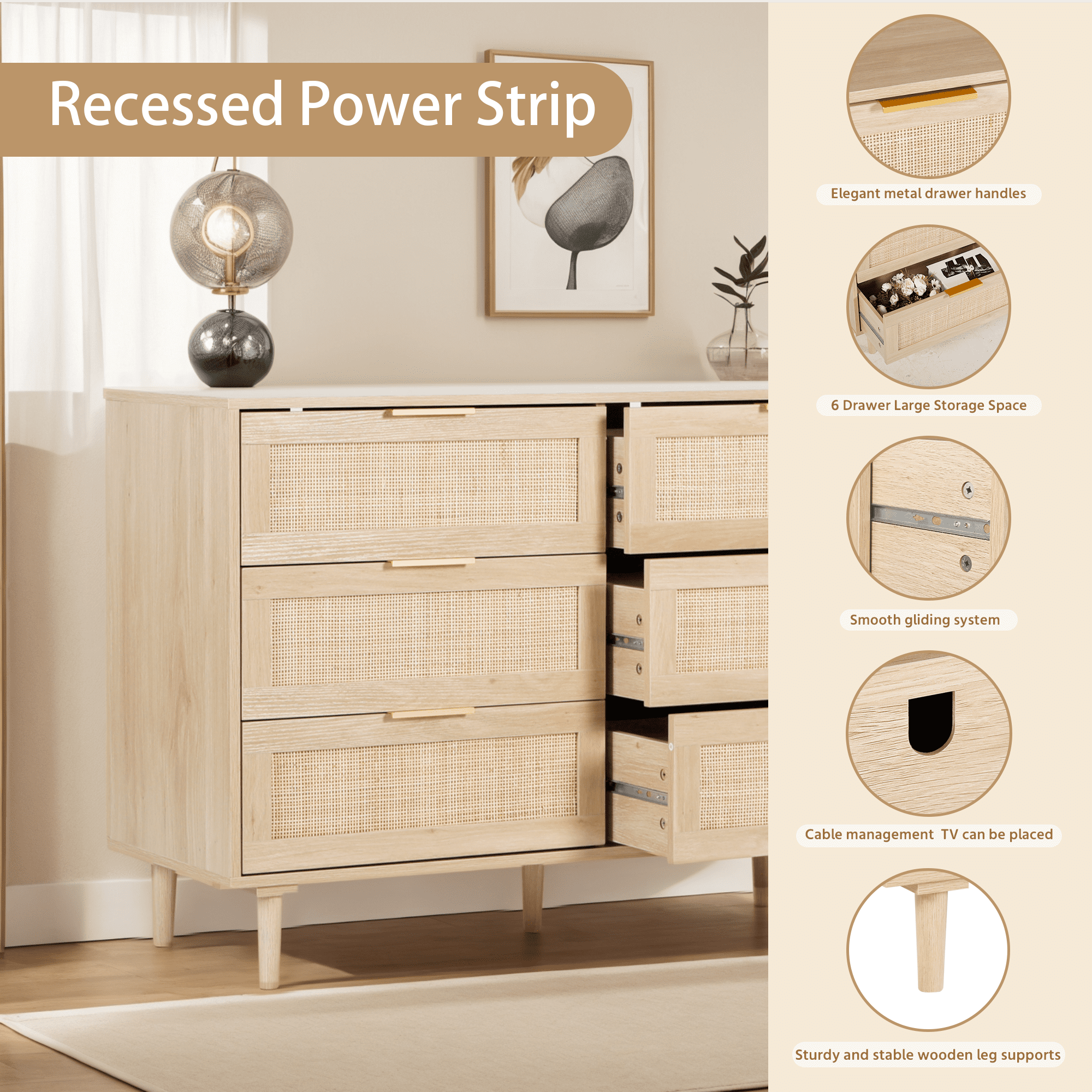 LAZZO 6 Drawer Dresser Rattan Wood Dresser Chest of Drawers Large Storage Cabinet