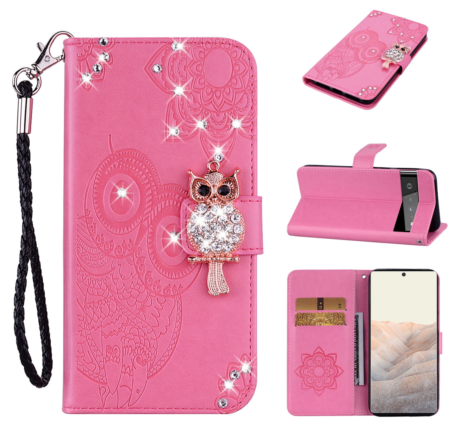 Google Pixel 6 Phone Case, Embossed Owl Premium PU Leather Sparkle ...