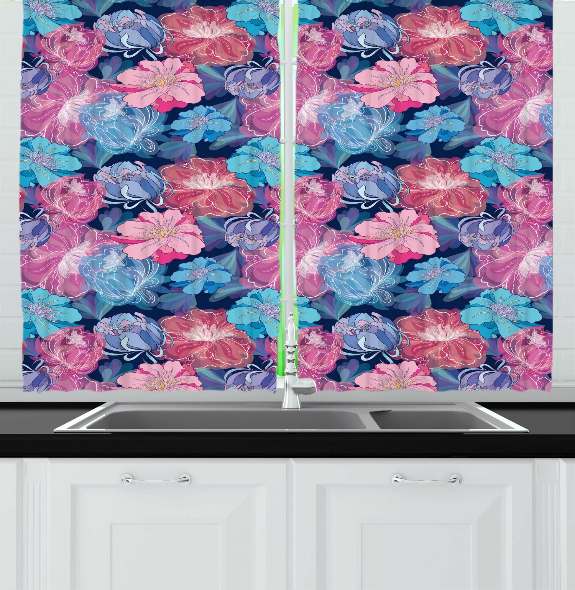 Natural Kitchen Curtains, Colorful Floral Motifs Flower Illustration ...