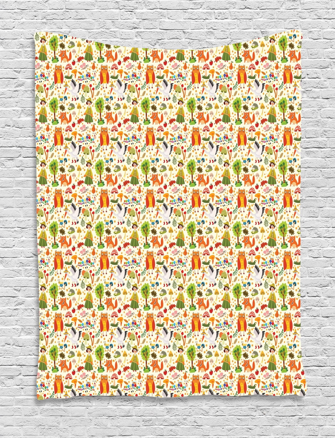Kids Tapestry, Hand Drawn Toon Forest Habitant Family Fox Stork ...