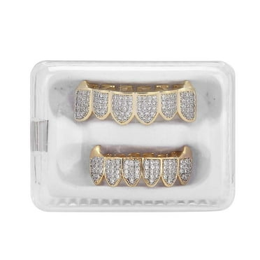 LNGOOR 18K Gold Plated Grillz, Top & Bottom Diamond Face Grills, Iced ...