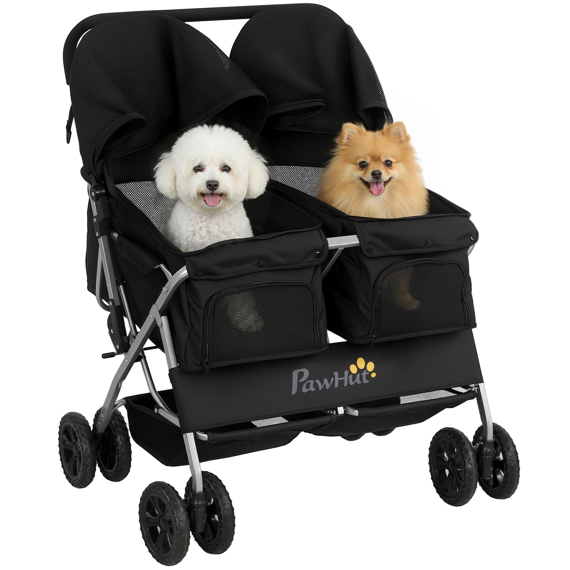 PawHut Double Pet Stroller, Foldable Dog Stroller with 2-Seater Carrier ...