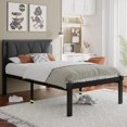 Bed Frame with Fabric Button Tufted Headboard, Platform Bed with Slats ...