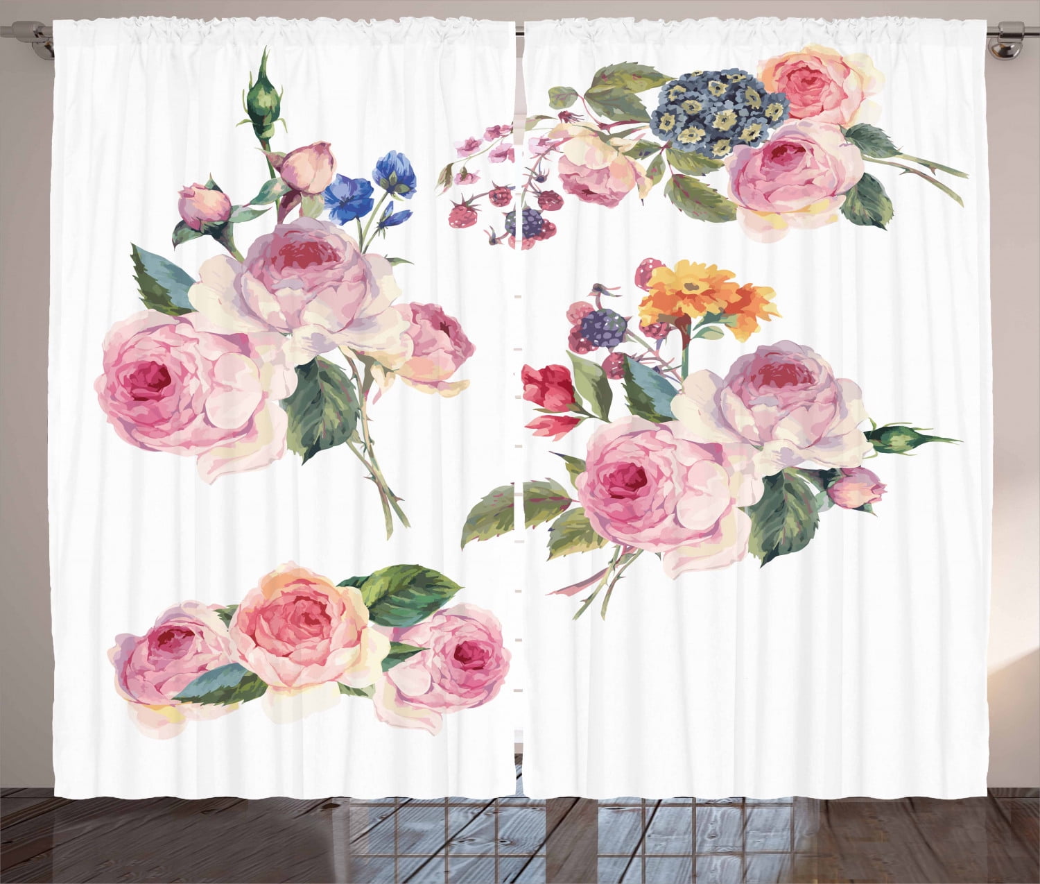 Rose Curtains 2 Panels Set, Vintage Floral Bouquets with English Roses ...