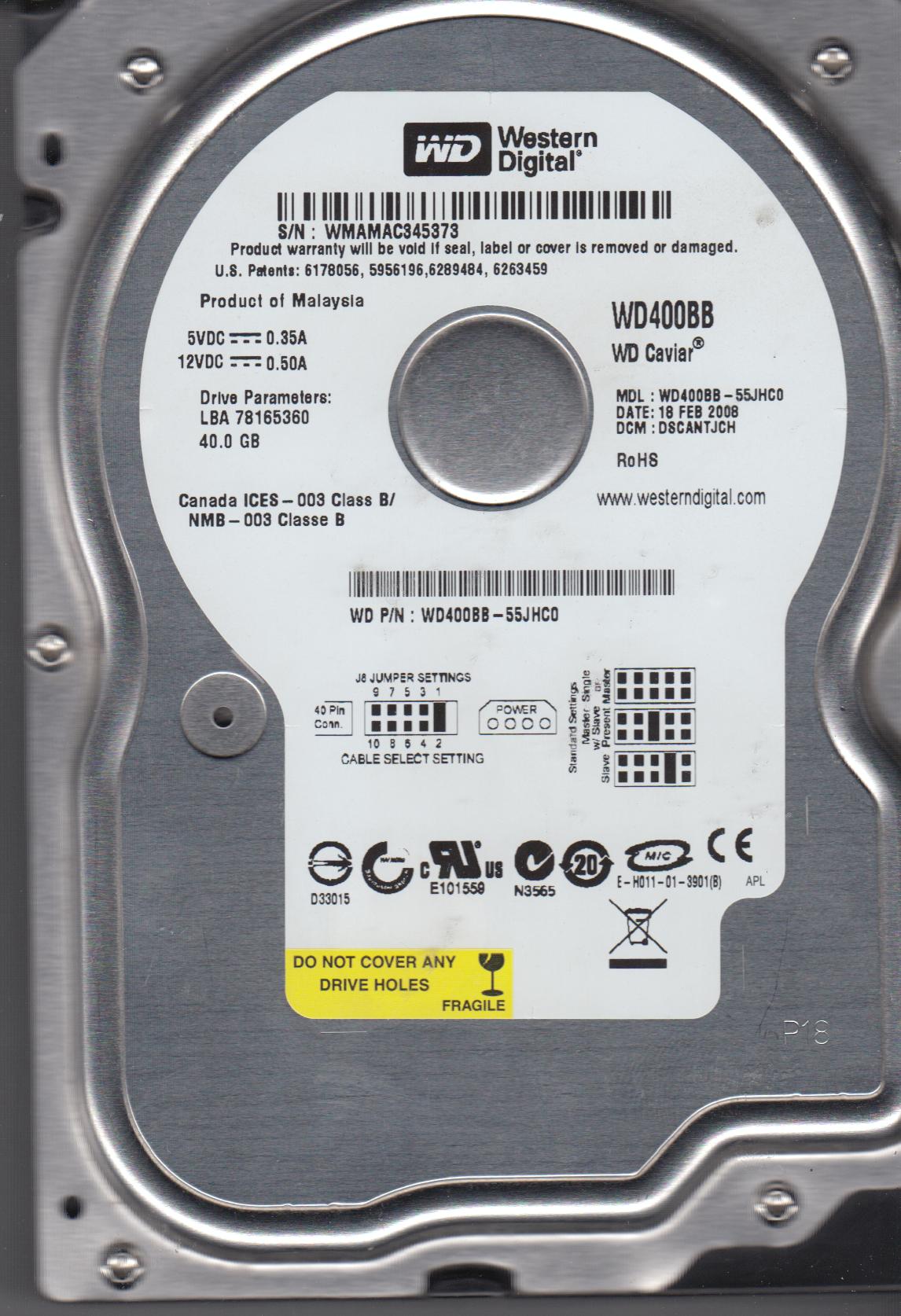 WD400BB-55JHC0, DCM DSCANTJCH, Western Digital 40GB IDE 3.5 Hard Drive ...