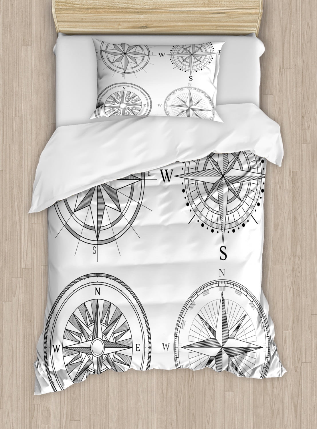 Compass Duvet Cover Set Twin Size, Seafaring Design Windroses in Black ...