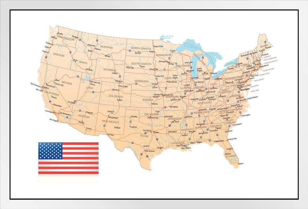 United States USA Decorative Highway Map with Flag US Map with Cities ...