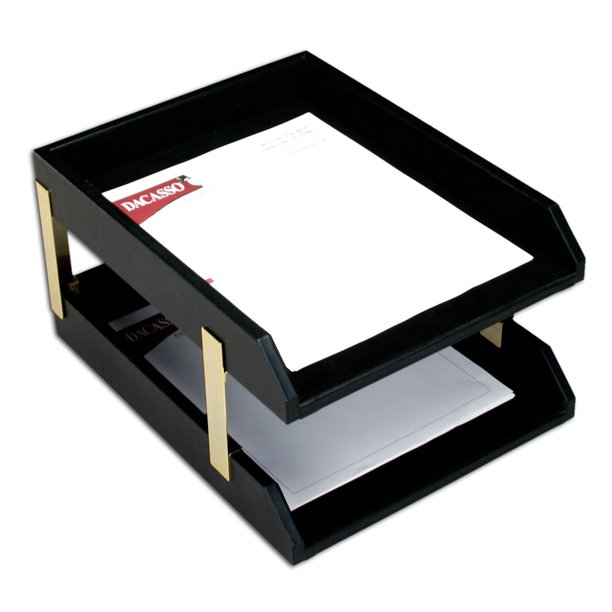 Classic Black Leather Front-load Letter Trays with Gold Stacking Posts ...