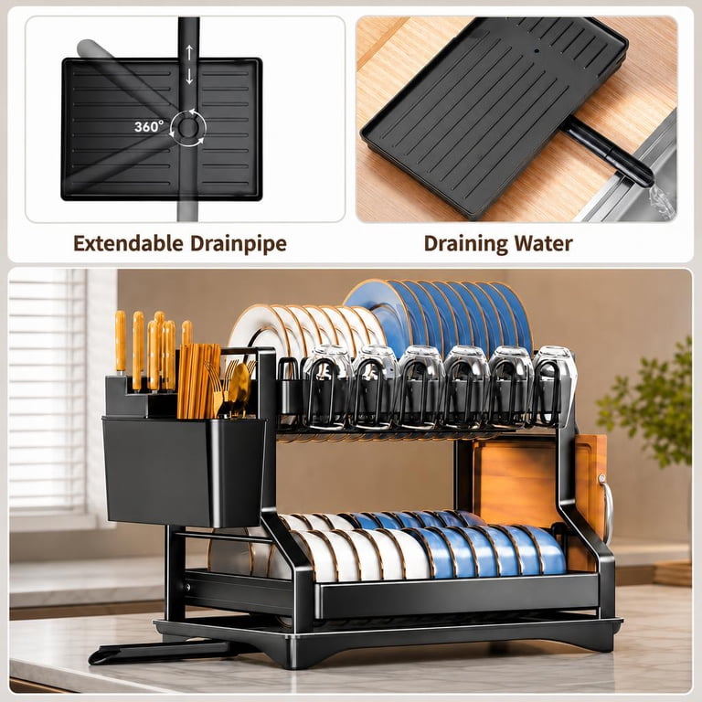 Canming 2-Tier Dish Drying Rack, Kitchen Dish Drainer with Auto Drain ...