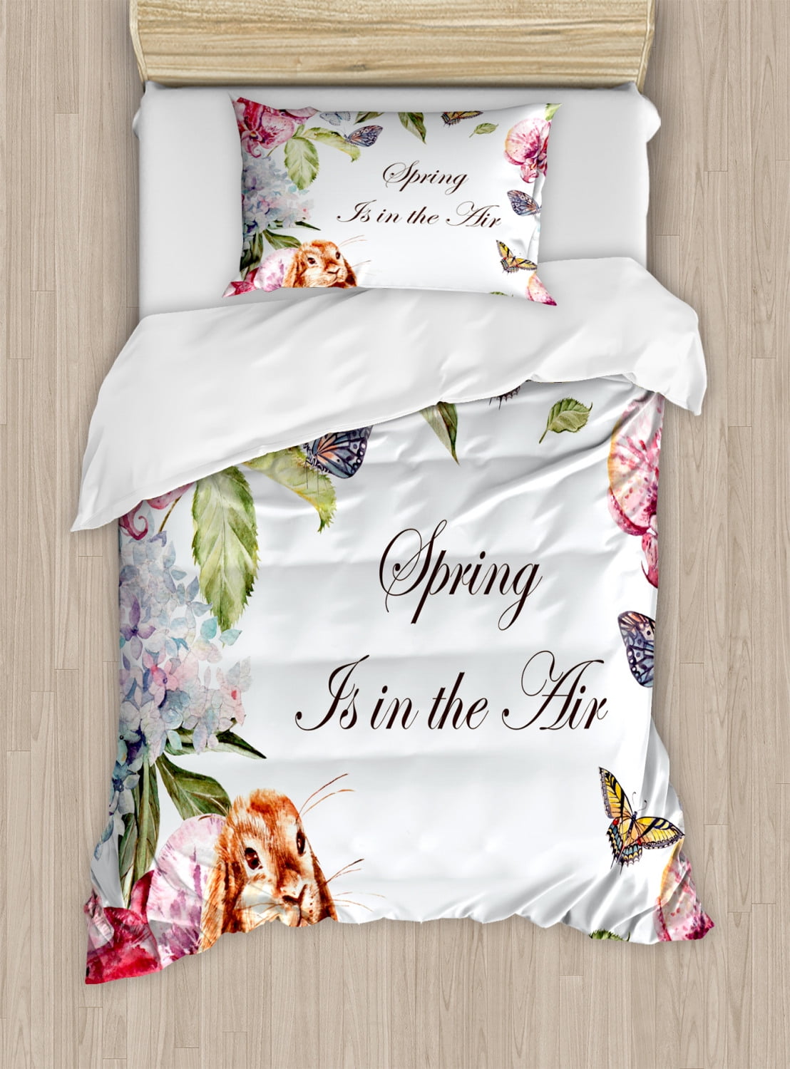Spring Duvet Cover Set Twin Size, Hyacintha Flowers Rabbits Orchid ...