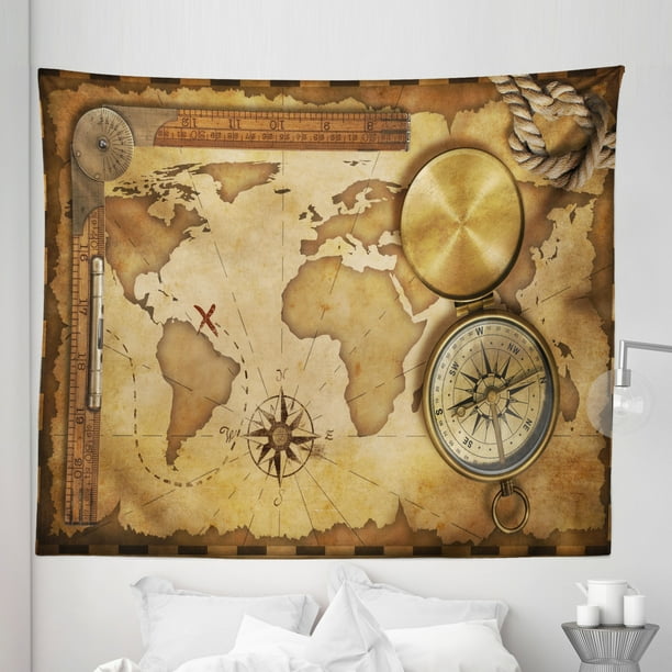 Map Tapestry, Aged Vintage Treasure Map Ruler Old Compass Antique ...