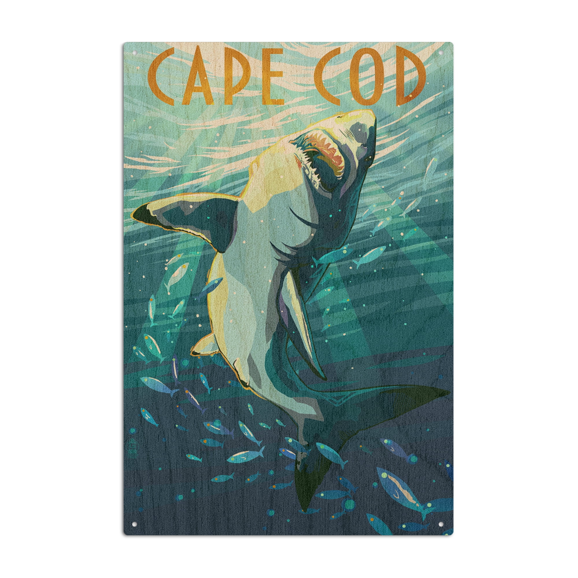 Cape Cod, Massachusetts, Stylized Shark Birch Wood Wall Sign (6x9 ...