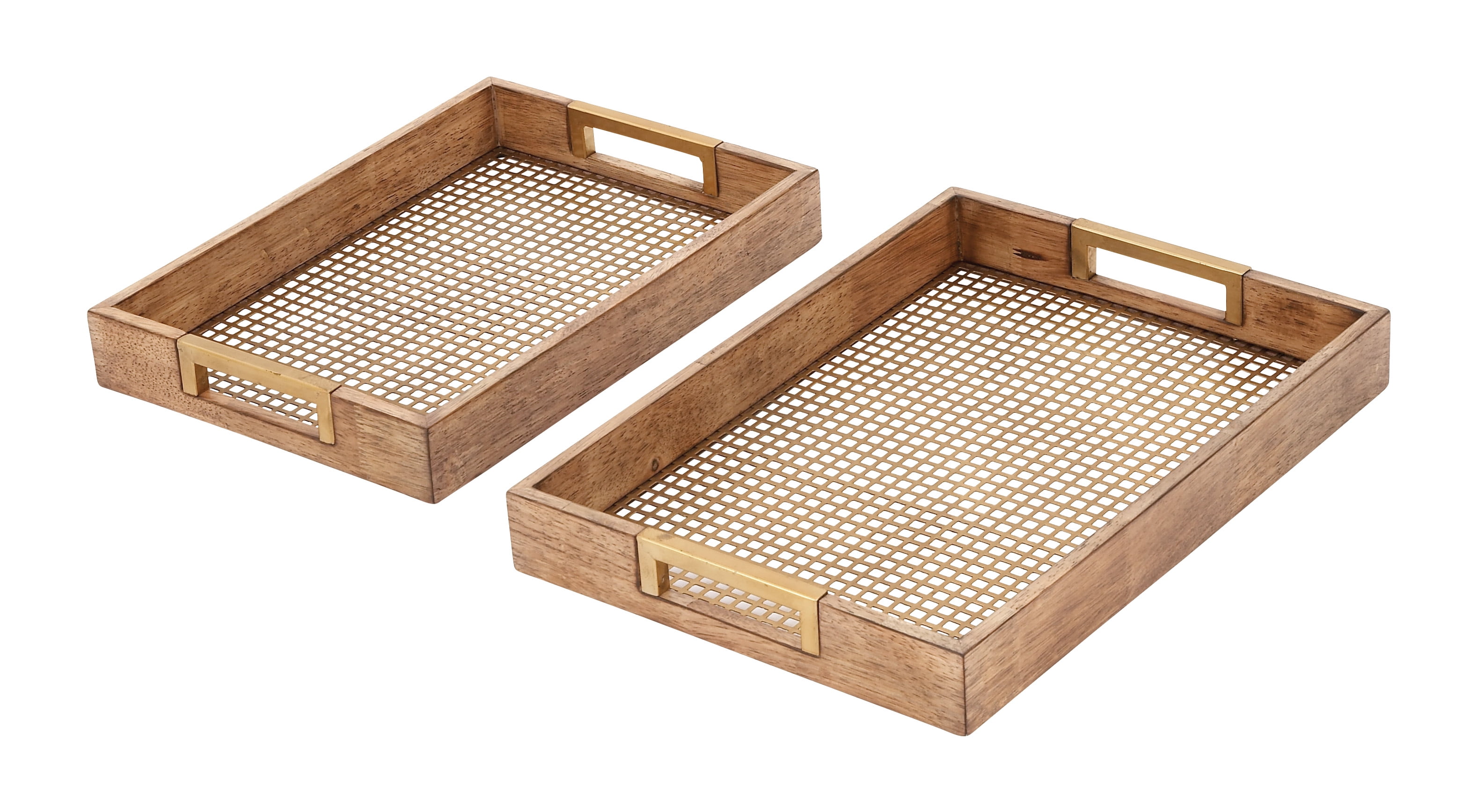 Decmode Farmhouse 16 And 18 Inch Wood And Iron Wire Mesh Trays - Set of ...