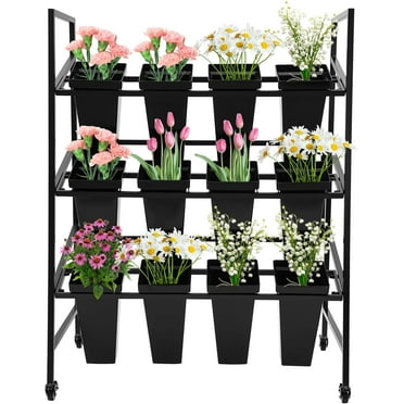 6 Tiers Floor Mount PP Flower Display Stand with Buckets Rolling Flower ...