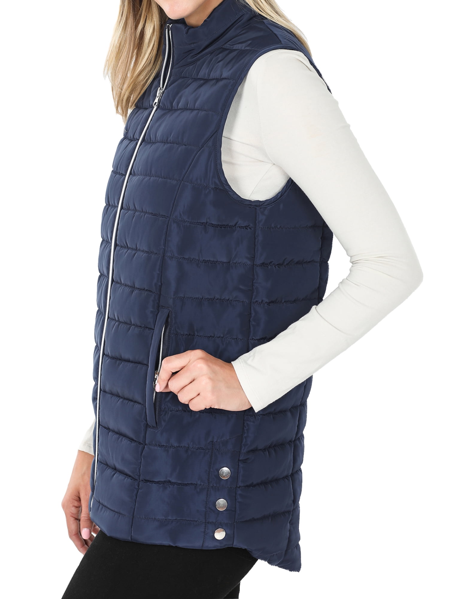 A2Y Women's Quilted Side Pockets Snap Button Details Vest Navy L ...